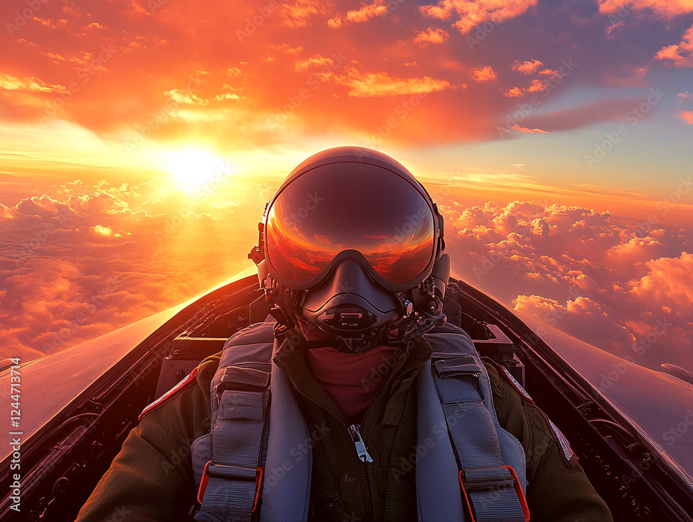 A pilot in a fighter jet cockpit flies above the clouds during a ...