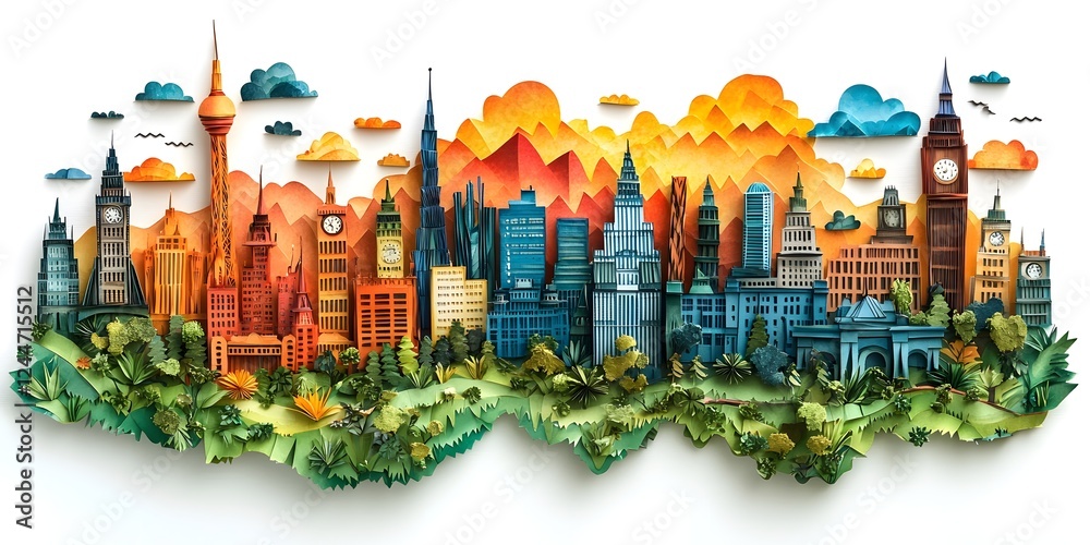 Vibrant Papercraft World Map with Iconic Landmarks and Travel Symbols ...