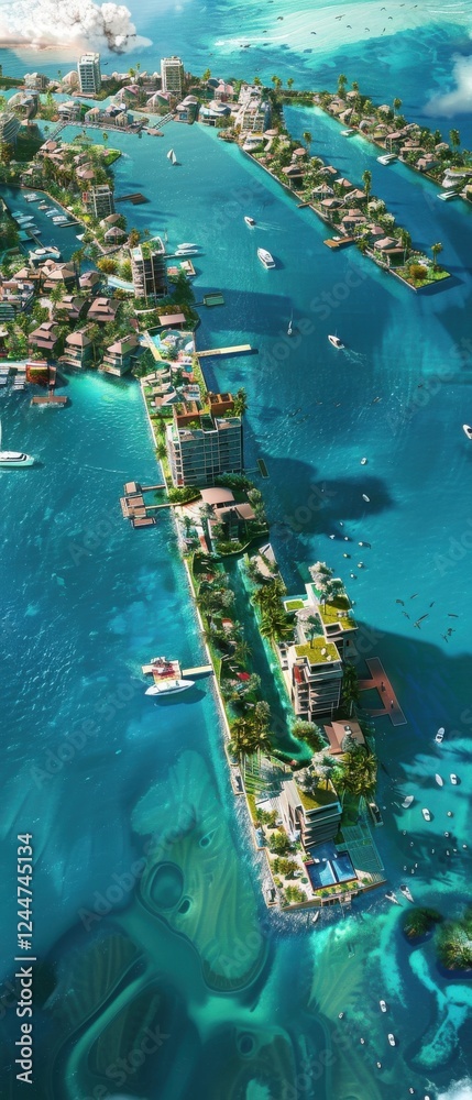 Coastal city master plan. Elevated homes, marinas, energy-efficient ...