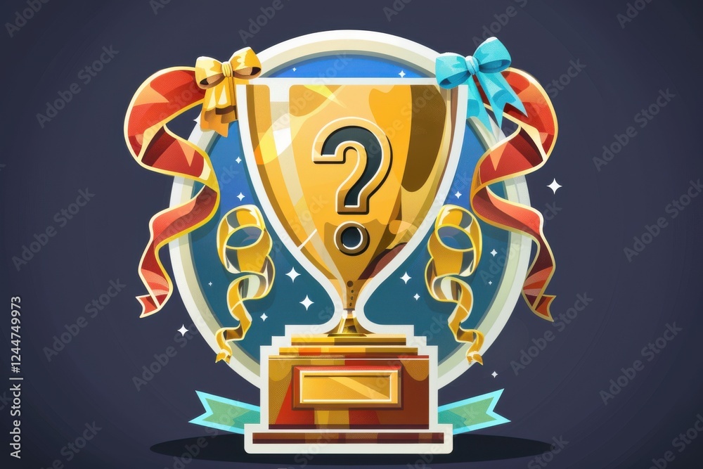 Quiz trophy illustration. Golden cup features a large question mark ...