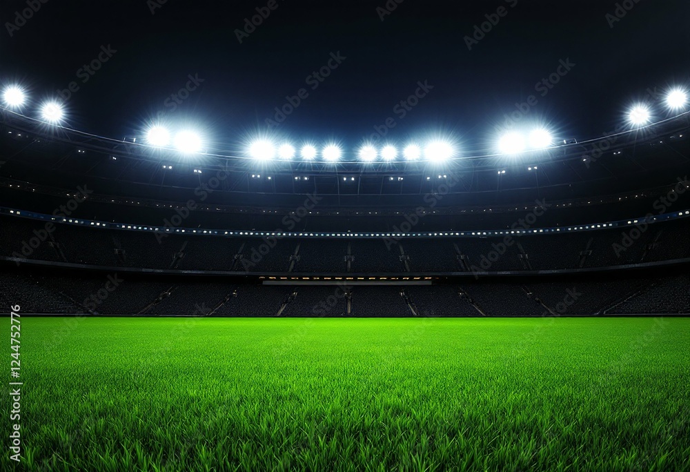 Modern football stadium at night with bright floodlights illuminating ...