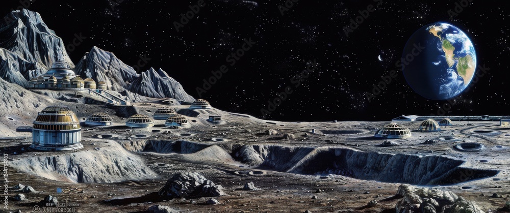 Futuristic moon base master plan. Domed habitats nestle in lunar ...