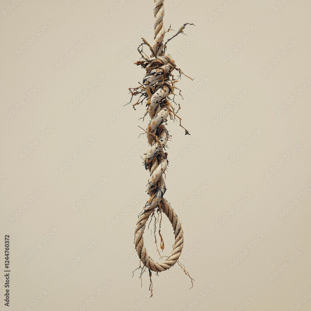 Rope with visible signs of rust and corrosion, fraying fibers, fiber ...