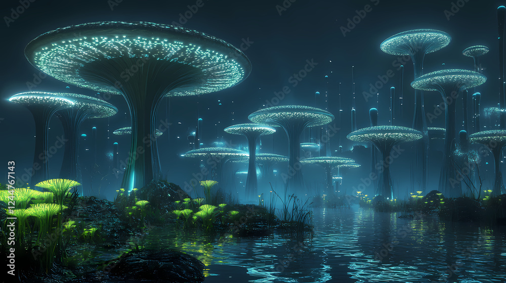A photorealistic cgi render of an underwater alien city, with ...