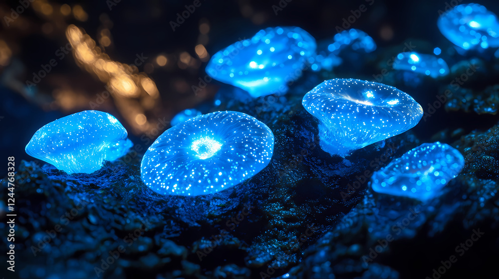 Bioluminescent algae cells glowing blue under a magnified microscope ...