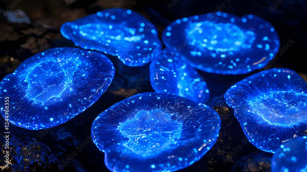 Bioluminescent algae cells glowing blue under a magnified microscope ...