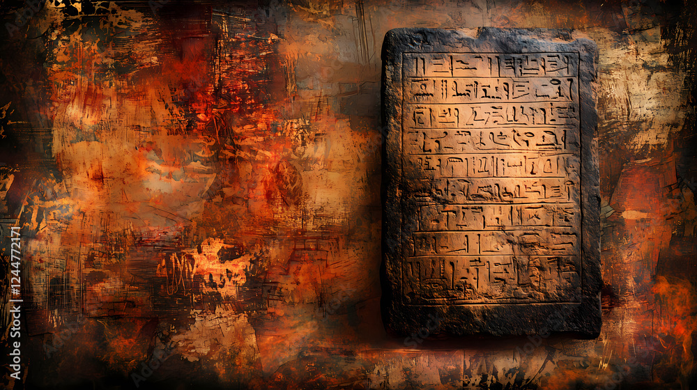 Ancient stone tablet inscribed with hieroglyphics, worn and weathered ...