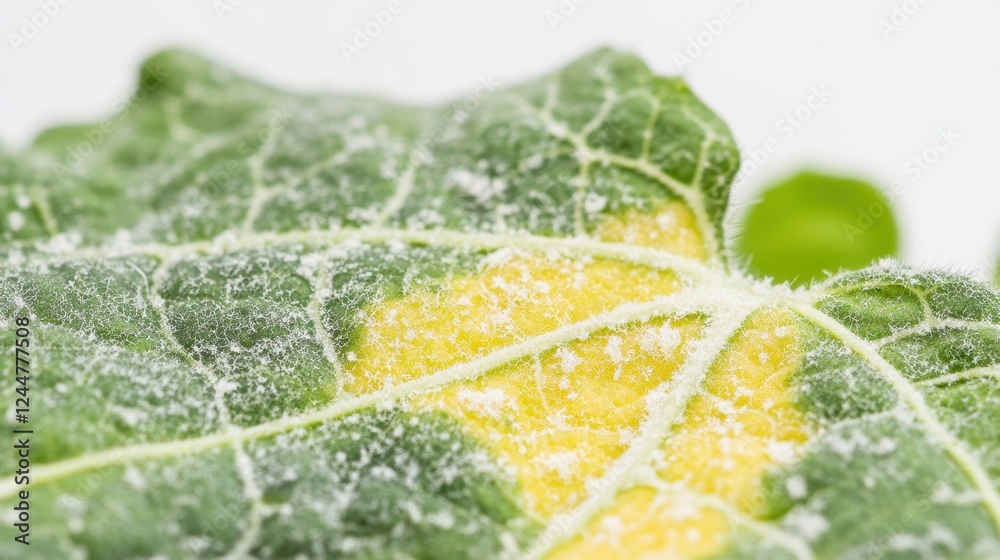 Powdery Mildew on Squash Leaf: Close-up detailed view of a squash leaf ...