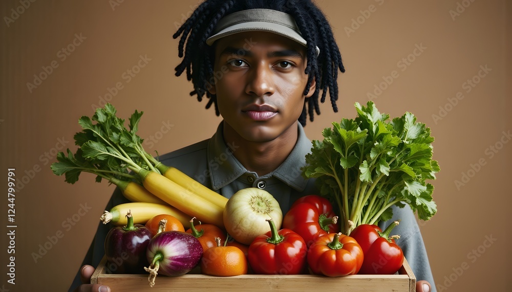 Young farmer with a bountiful harvest of vegetables and fruits, showing ...
