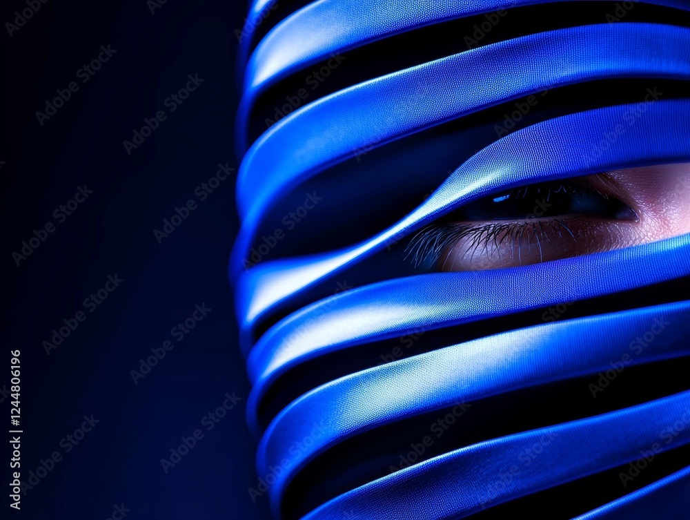 A mysterious figure partially obscured by blue strips, revealing only ...