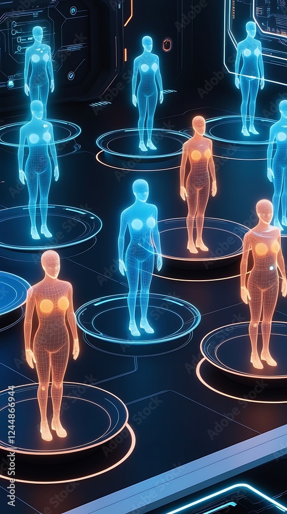 Futuristic AI humanoid figures in a high-tech laboratory, glowing holographic cybernetic bodies ...