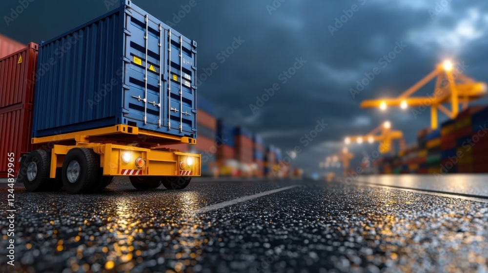 Dramatic nighttime scene of a busy shipyard with powerful spotlights ...