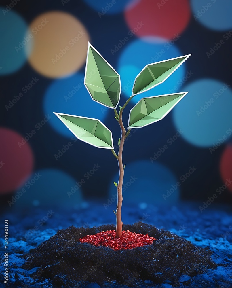 Digital-inspired plant with polygon-shaped leaves growing from rich ...