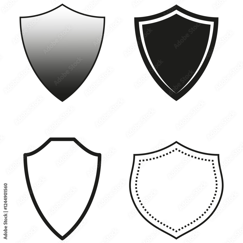 Shield icons. Basic heraldic emblems. Black and white symbols. Clean ...