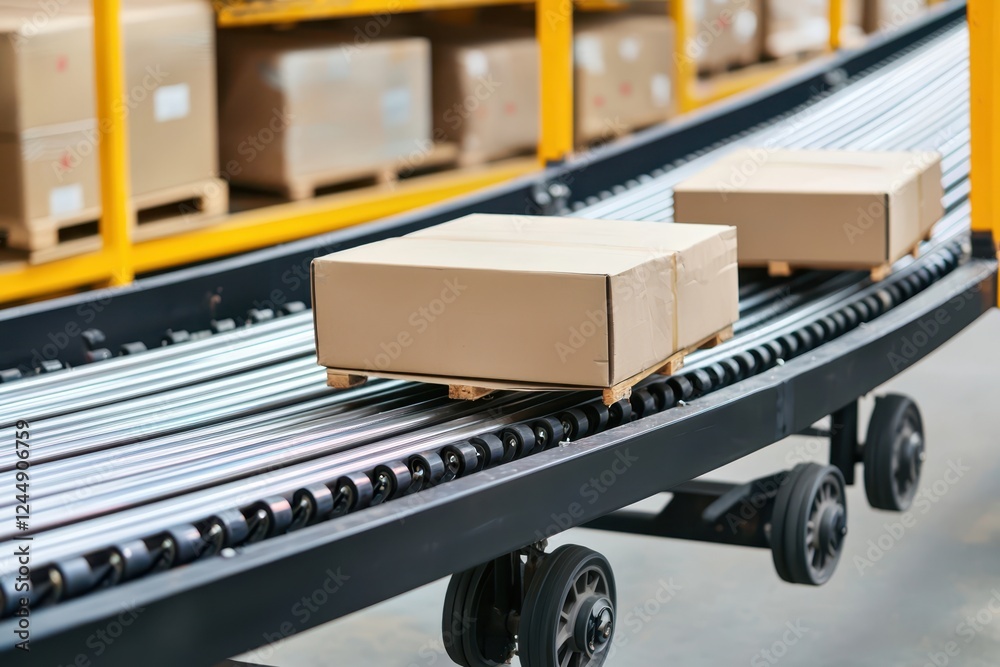 Inventory flow in distribution concept. A conveyor belt transports ...