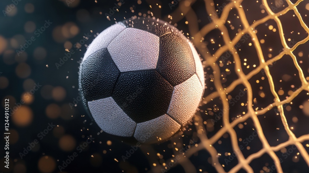 Football soaring through an energy charged net against a dynamic ...