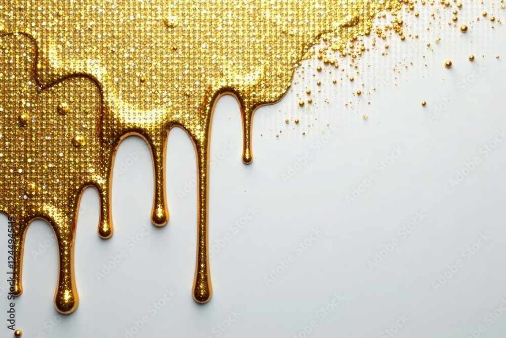 Gold paint drips with glittering silver particles, sparkling, metallic ...