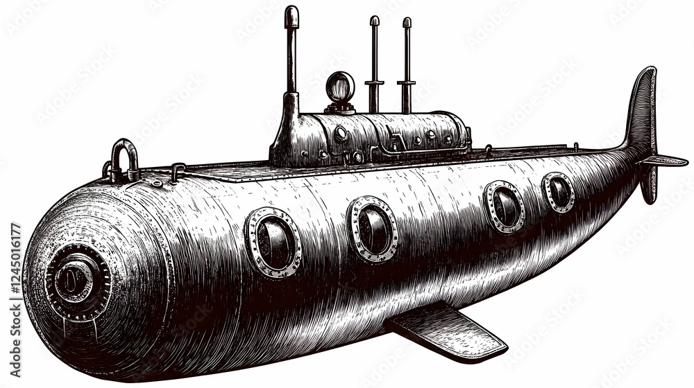 Vintage Submarine Illustration Shows a Detailed Underwater Vessel with ...