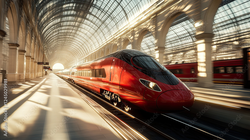 High-speed red train at the station, high-speed photography ...