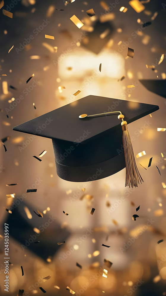 Graduation Cap Floats Amidst a Shower of Gold Confetti, Celebrating ...