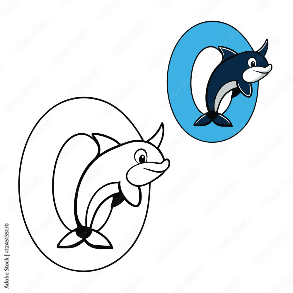 Coloring page of the letter "O" with an orca. The bold letter features ...