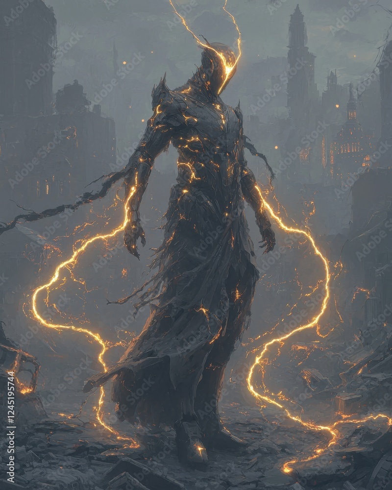 Epic battle of dark energy entity ruins of a forgotten city digital art ...