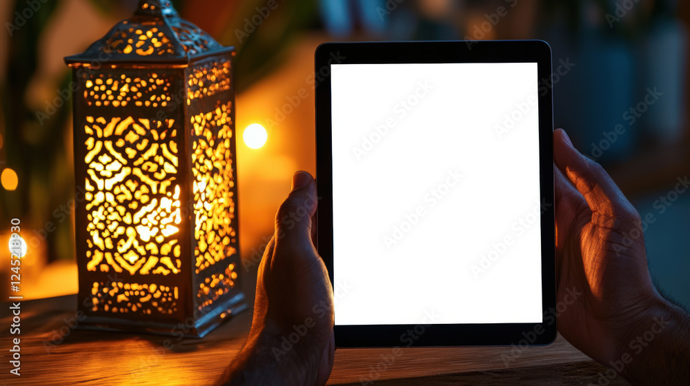 Eid al—Adha is a holiday of thanksgiving. A man holds a tablet with a ...