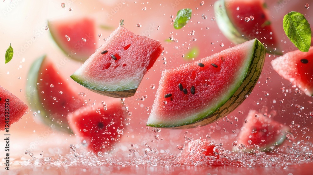 Group of watermelons falling into water with chunks floating in mid-air ...