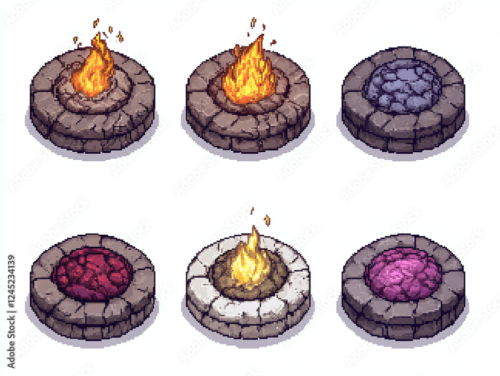Pixel Art Fire Pits - Different Stone Variations Stock Illustration ...