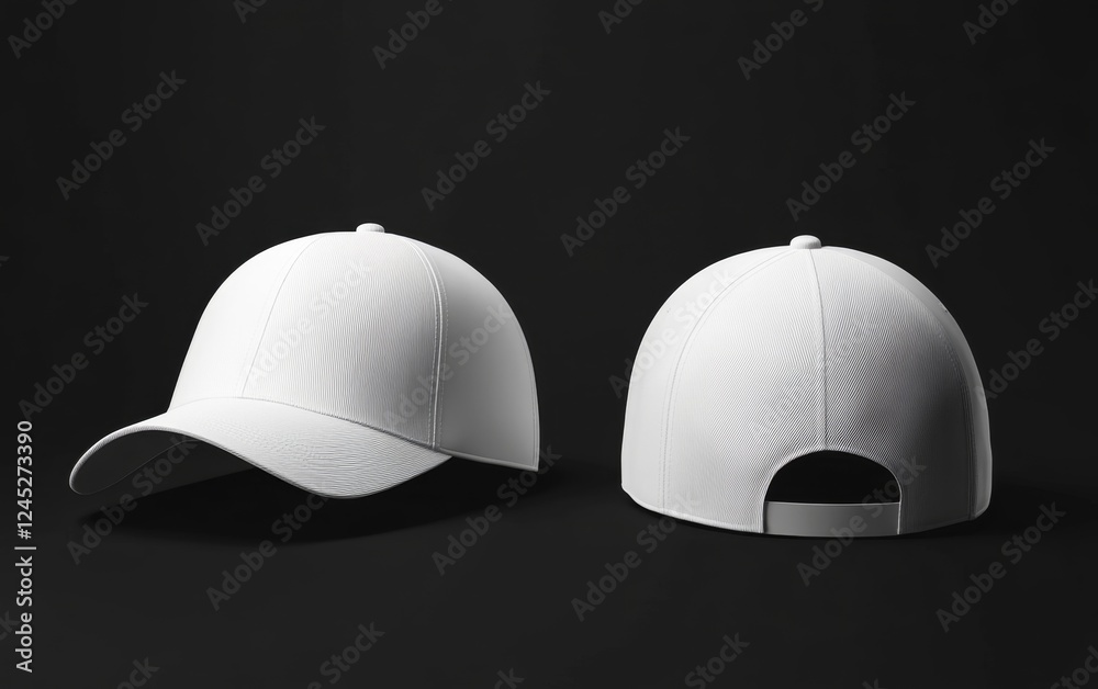 White baseball cap mockup, front and back view, dark background, design ...