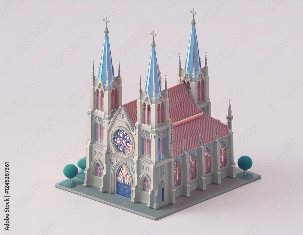 3D isometric stylized low poly model of a grand Gothic church with ...