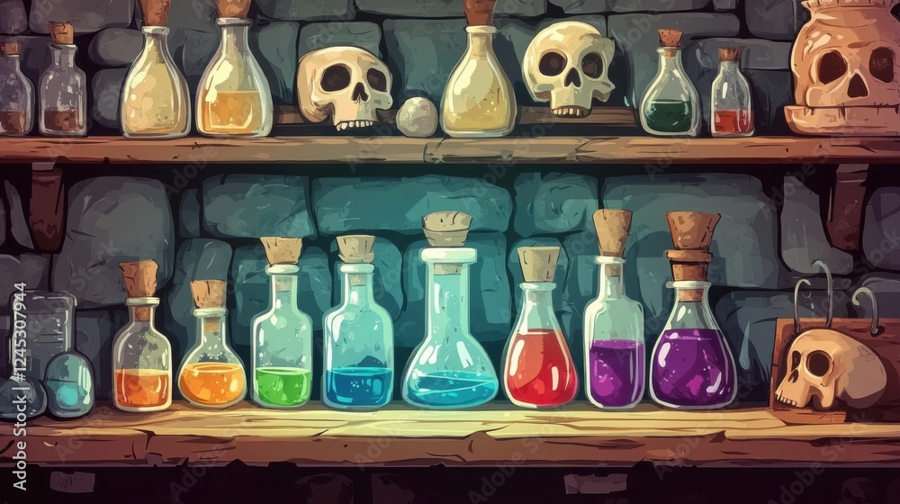 Alchemist workbench cartoon vector. Skulls potions brews vials toxins ...