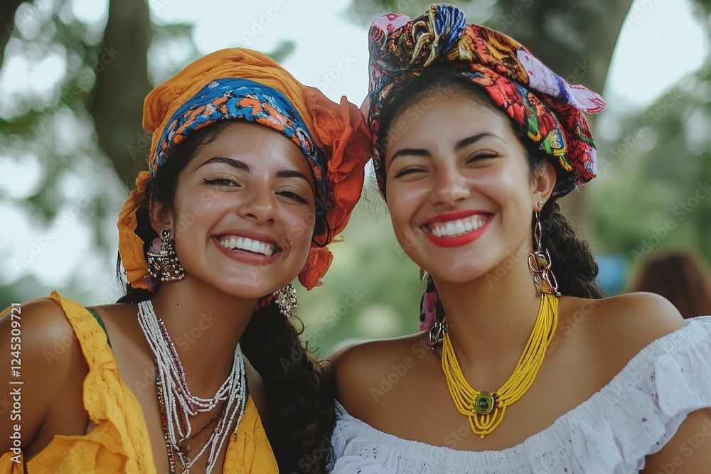 Two colombian women joyfully smiling in colorful traditional clothes ...
