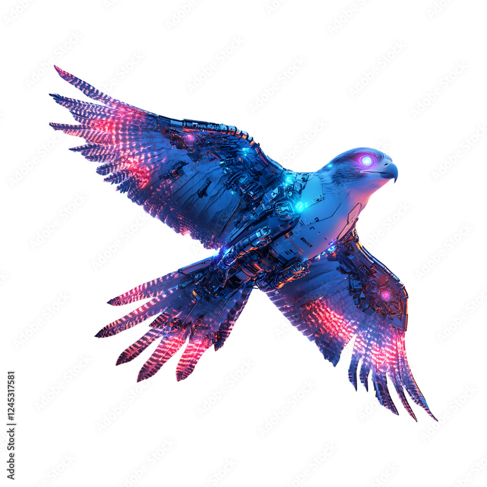 Robotic Falcon with Metallic Feathers and Glowing Eyes Flying in the ...