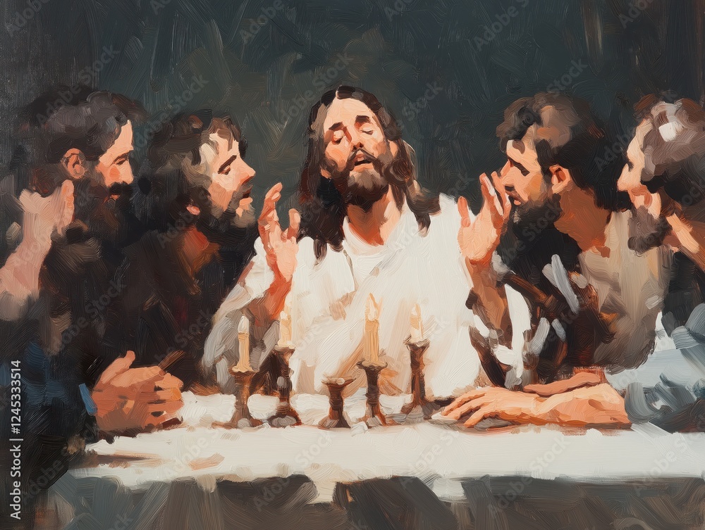Jesus Christ sharing the Last Supper with disciples, engaging in prayer ...