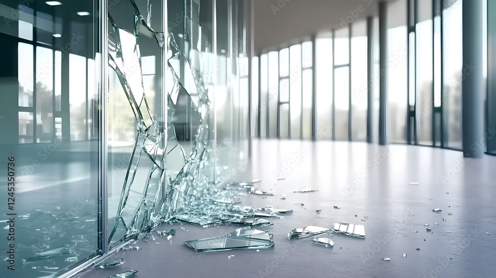 Shattered glass scattered across the floor of a modern office building ...