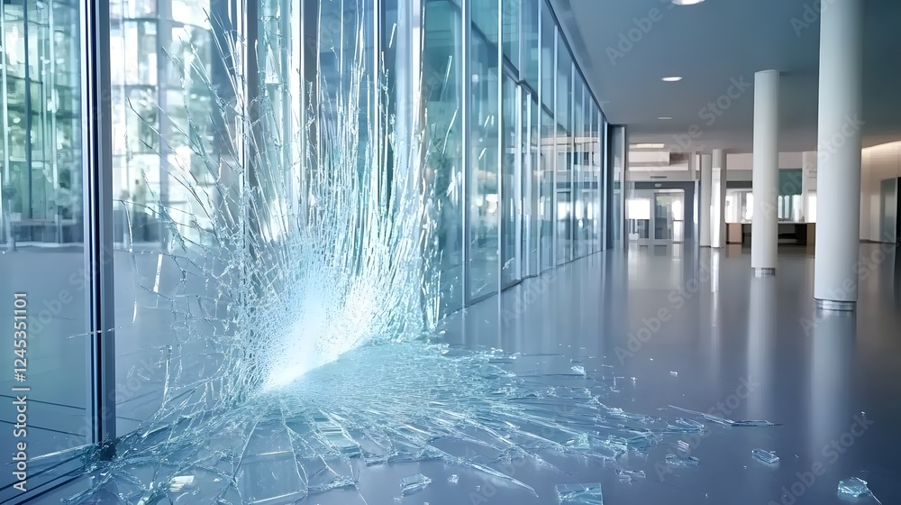 Shattered glass scattered across the floor of a modern office building ...