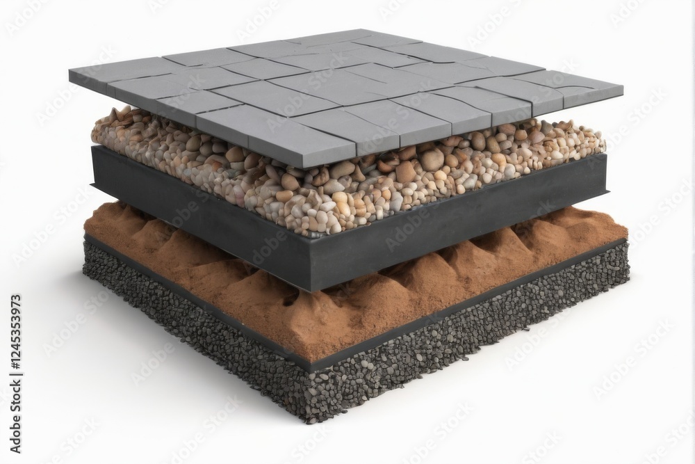 3D model of square structure with layers of black and brown soil and ...
