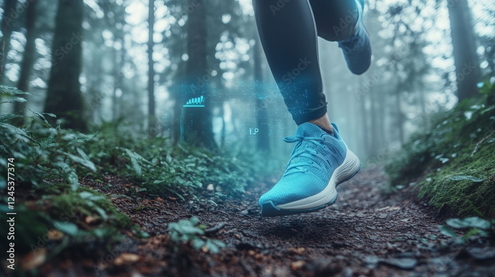 34.Athlete wearing sleek, modern sneakers with holographic visuals of ...