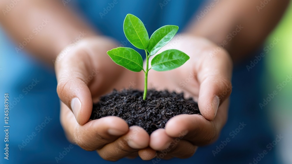 Hands gently cupping a young seedling symbolizing personal growth ...