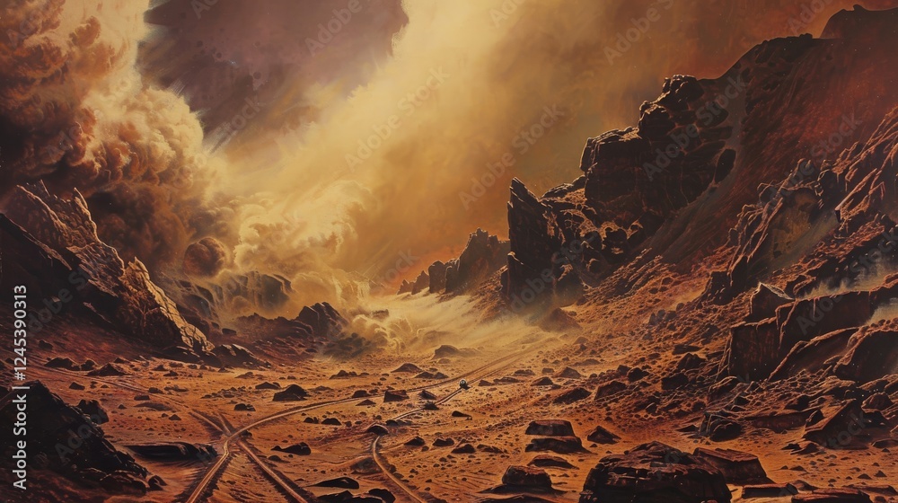 Approaching Dust Storm in Martian Landscape Illustration with Barren ...