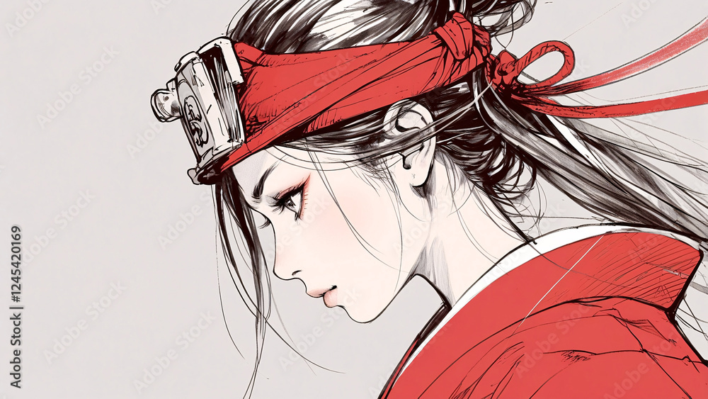 Vibrant anime style drawing of a girl dressed in red traditional ...