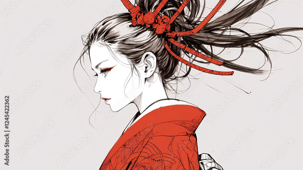 Detailed anime style drawing of a girl in red Japanese warrior clothing ...
