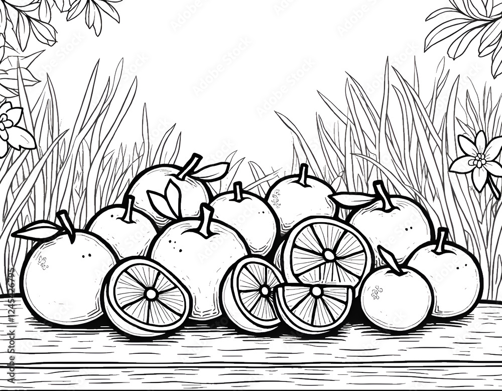 Black and white coloring page featuring a pile of oranges and sliced ...