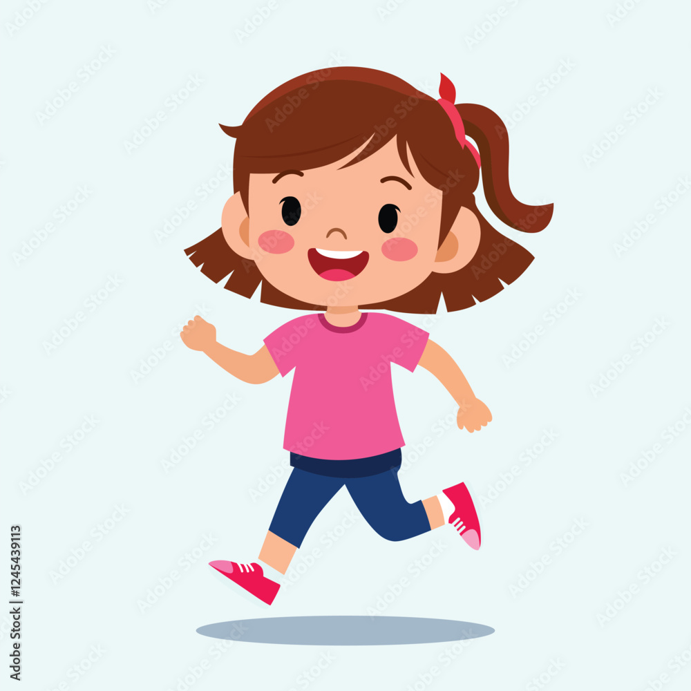Happy Cute Little Girl So Fast Running Pose - Flat Vector Illustration ...