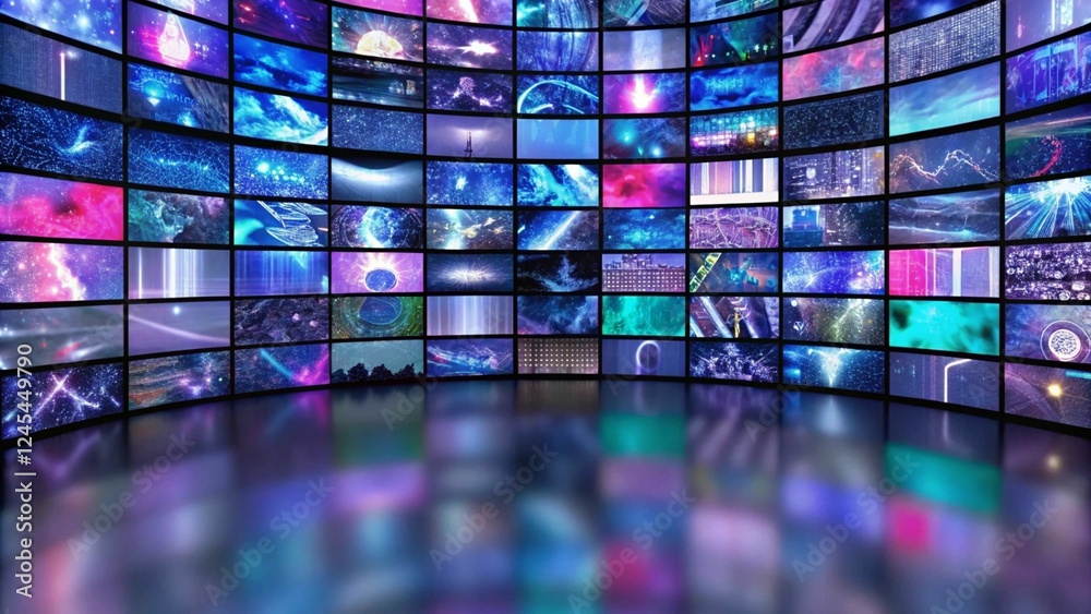 AI Artificial Intelligence concept. Media concept TV - video wall with ...