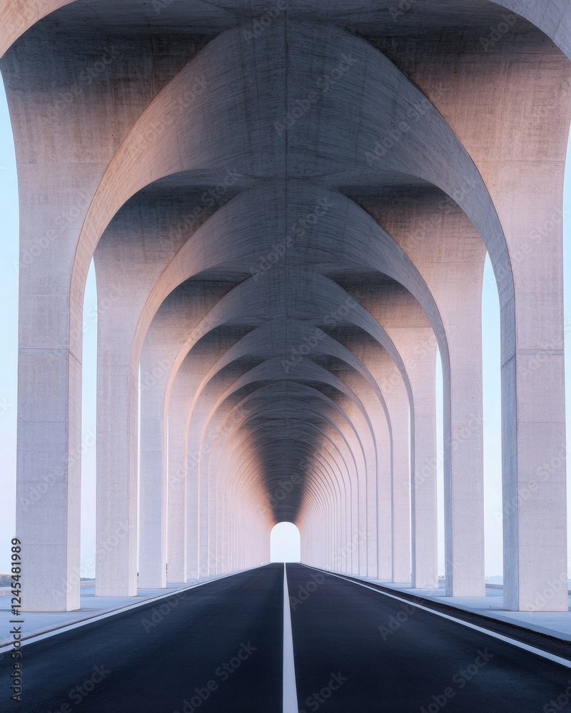 Architectural Symmetry Concrete Arched Highway with Road Markings in ...