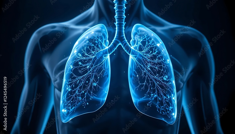 3D medical illustration of human lungs with highlighted bronchi and ...