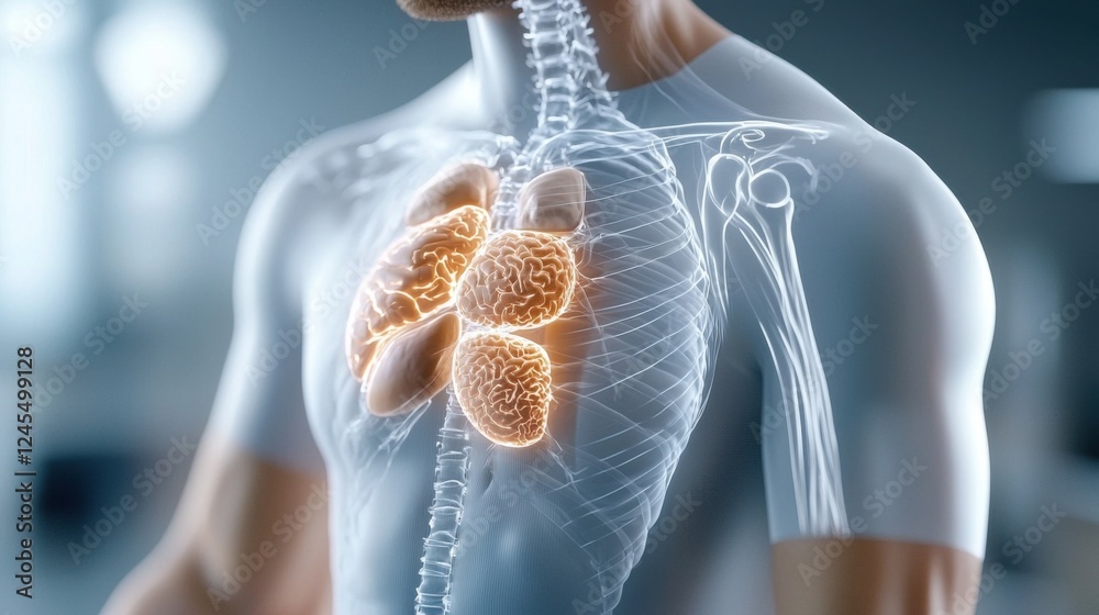 Transparent glowing human torso revealing the intricate vital organs in ...