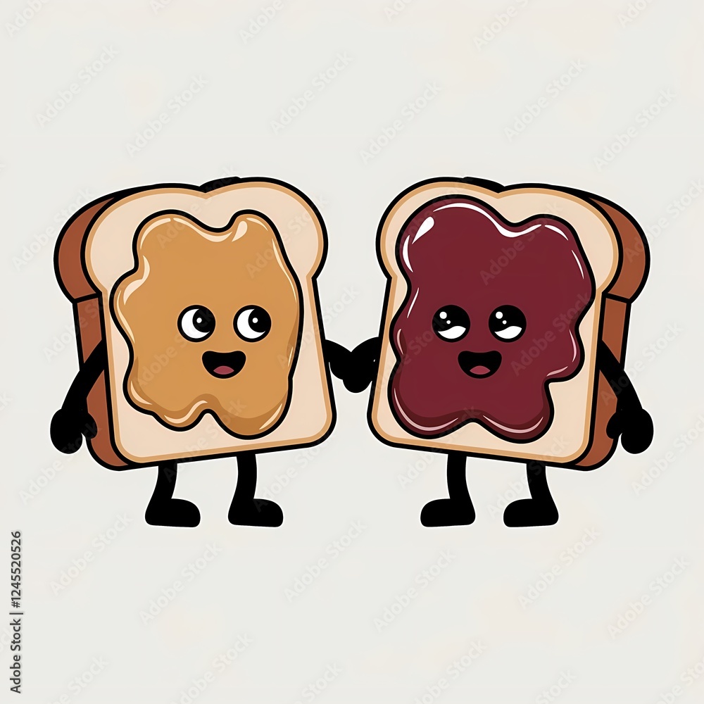 Cartoon design of peanut butter and jelly on bread characters holding ...